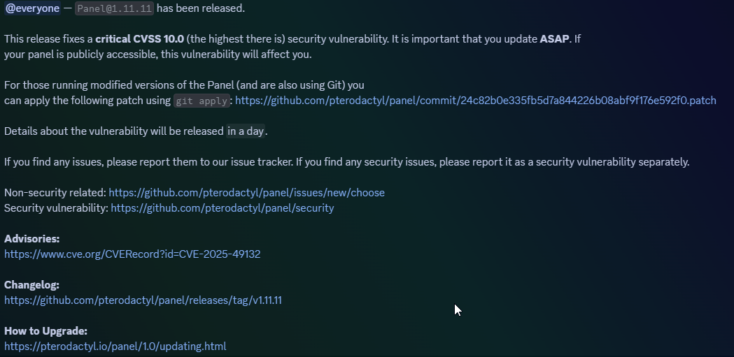 Pterodactyl Game Panel - CVSS 10.0 — LowEndTalk